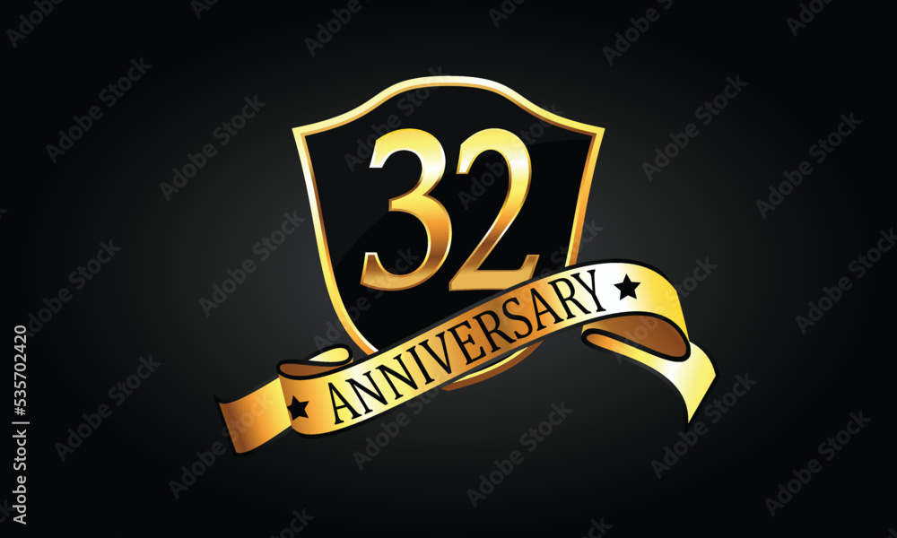 32 year anniversary logo with golden shield and ribbon. Dark elegant ...