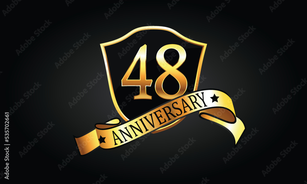 48 year anniversary logo with golden shield and ribbon. Dark elegant ...