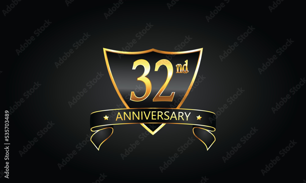 32 year anniversary logo with golden shield and ribbon. Dark concept ...