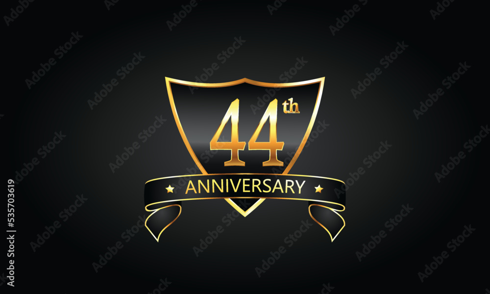44 year anniversary logo with golden shield and ribbon. Dark concept ...