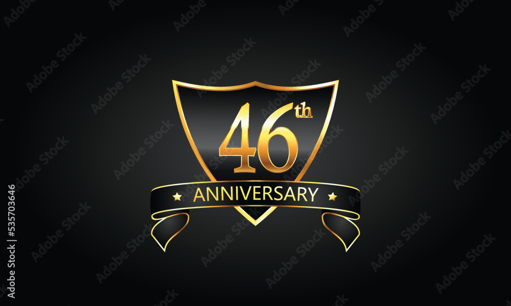 46 year anniversary logo with golden shield and ribbon. Dark concept ...