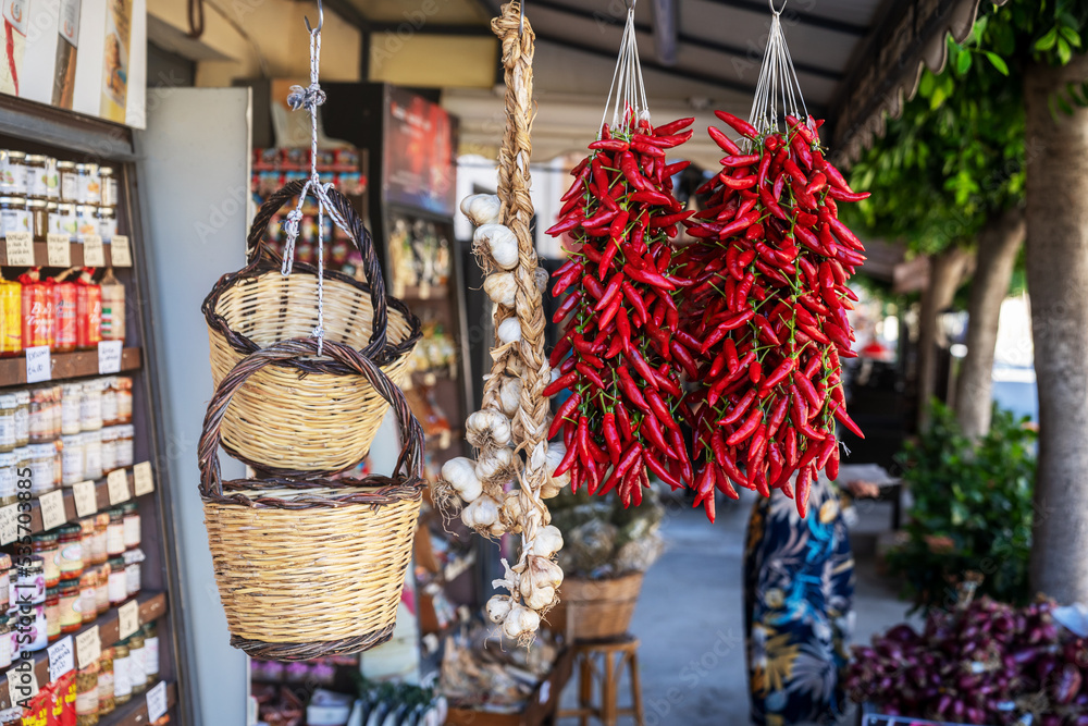 Calabrian red pepper in Tropea street market. Traditional unique ...