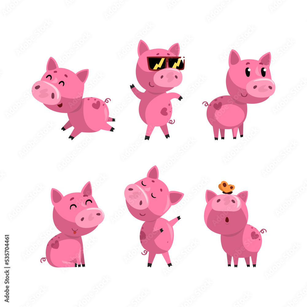 Set of cute pink pigs in various poses. Funny farm baby animals cartoon ...