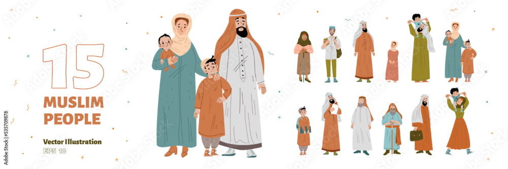 Vetor de Muslim people set, family characters of different generation ...
