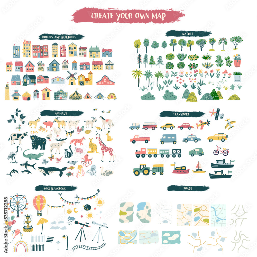 Map creation toolkit with houses, transport and vehicles, nature, trees ...