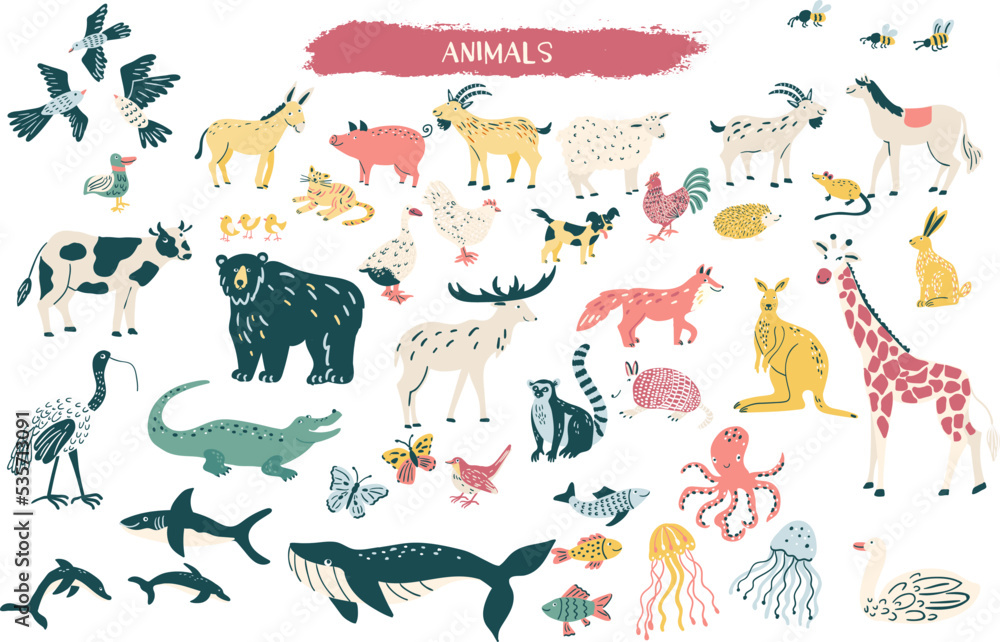 Cartoon vector illustrated animals - bear, chicken, dog, cat, pig ...