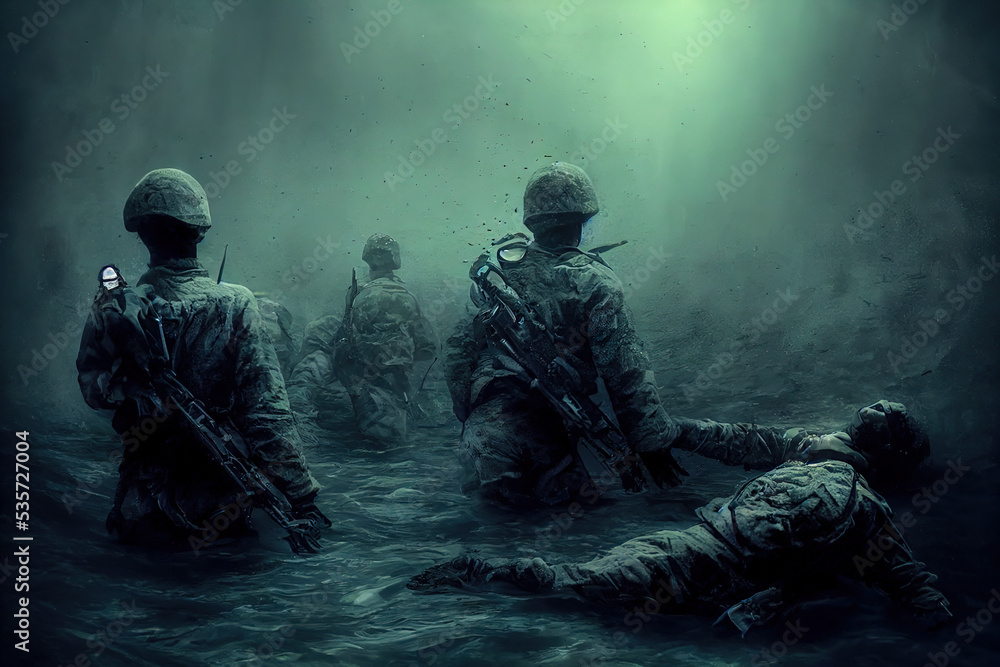 Army soldiers submerged in water in WW1. World War 1 digital ...