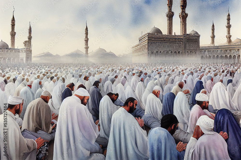 Caliphate crowds of people praying on Ramadhan. People dressed in white in a muslim wallpaper ...