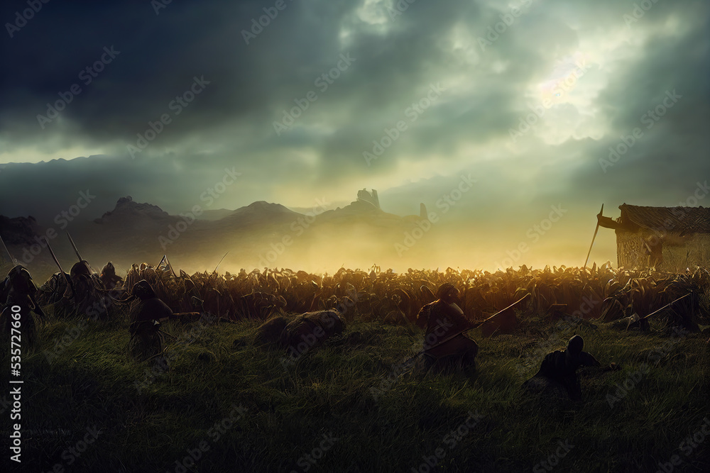 Viking raiding party fighting on a battlefield at sunset. Silhouettes ...