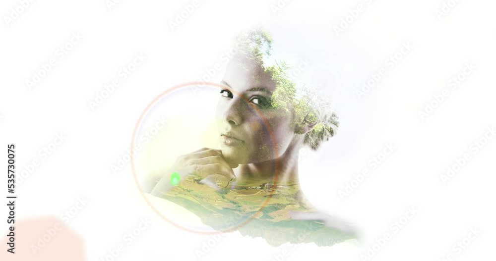 Double exposure art, woman nature overlay and white background with ...