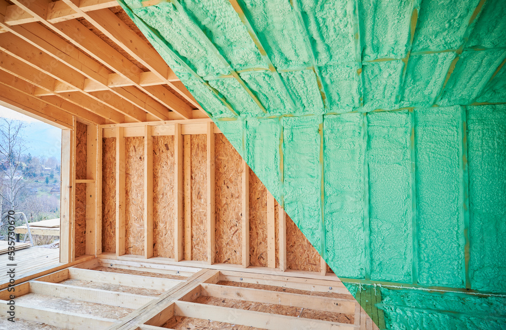 Photo collage before and after thermal insulation room in wooden frame ...