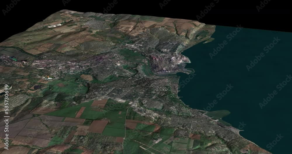 Mariupol map rotate 360 loop ccw with 3d relief 4K satellite ground ...