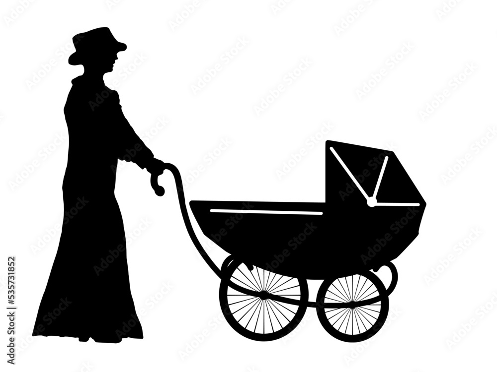 Silhouette icon of Edwardian Lady pushing old vintage pram. Isolated on ...