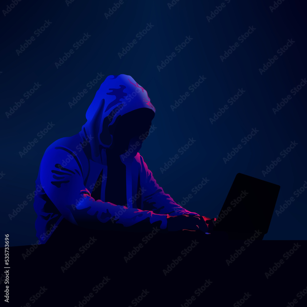 Hacker In Dark Hooded Figure On Computer Cyber Security Person Black Hat Hacking Neon Light