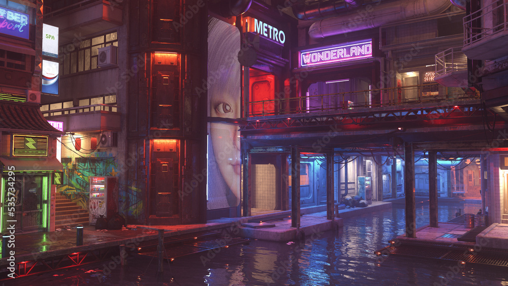 Futuristic dystopian cyberpunk city urban area with downtown buildings ...