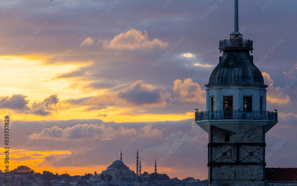 istanbul -Fiery sunset over Bosphorus with famous Maiden's Tower (Kiz ...