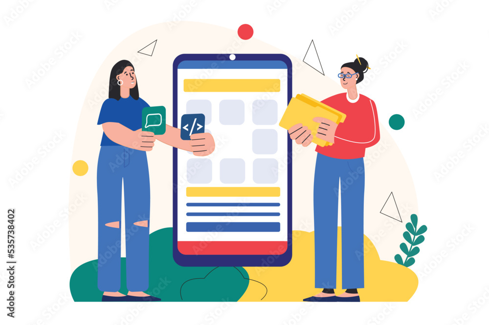 Concept App development with people scene in the flat cartoon design ...