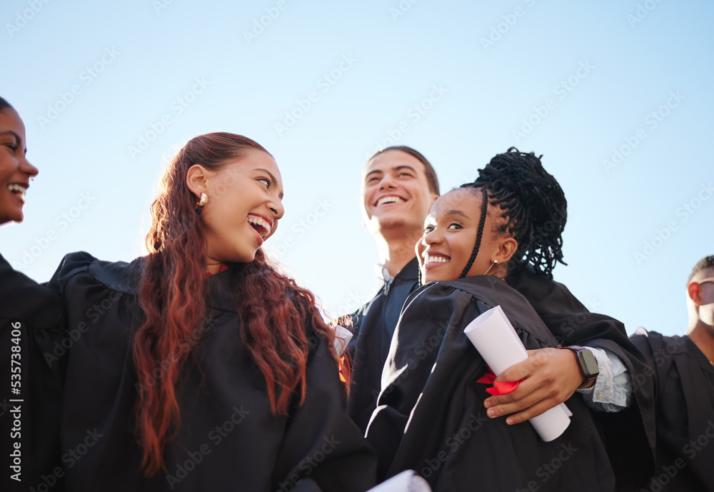 College graduation, friends and student hug with happiness at graduate ...