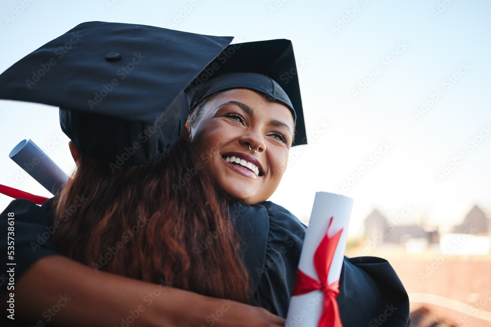 Success, graduation and friends hug at event in celebration of ...