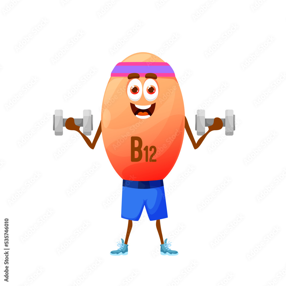 Cartoon vitamin B12 athlete character with dumbbells. Isolated vector ...