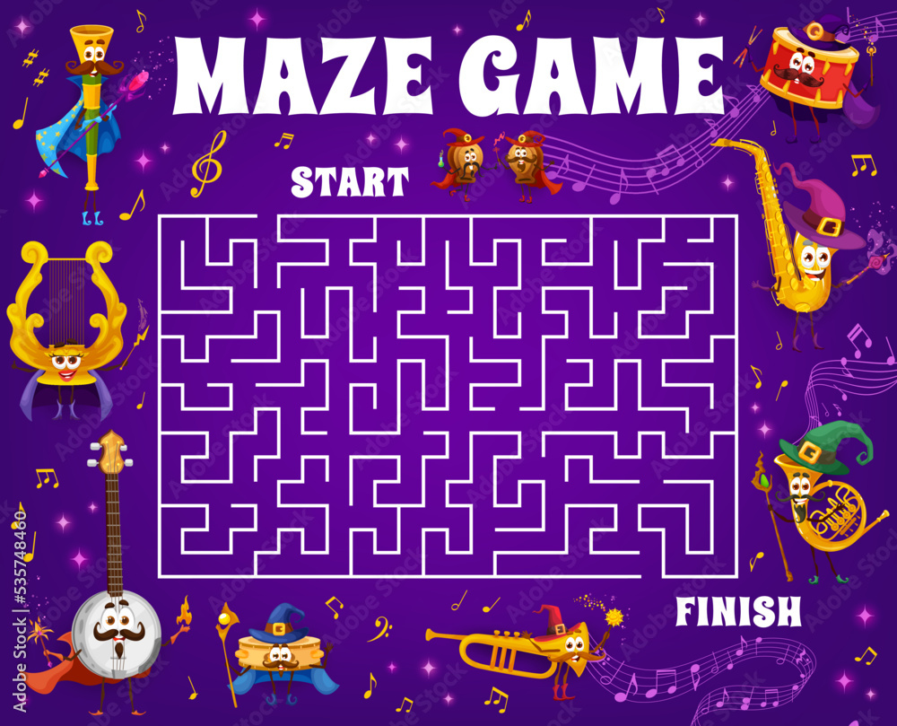 Labyrinth maze game. Wizard musical instrument characters, sound waves ...