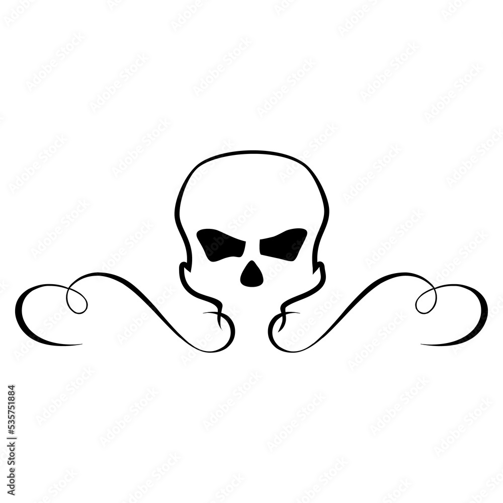 Logo con silueta de calavera lineal con filigrana caligráfica. Líneas ...