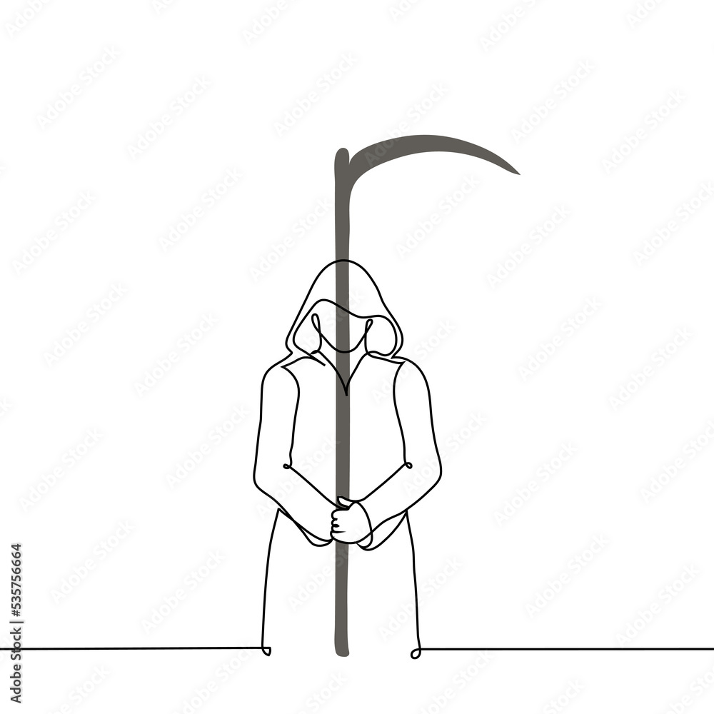 man with a lowered hood in a raincoat stands holding a scythe - one ...