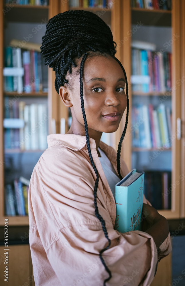 Black woman portrait, university student and library campus for ...