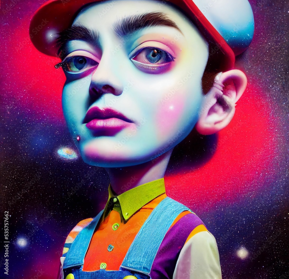 Illustrated portrait of a blue humanlike alien face with the starry ...