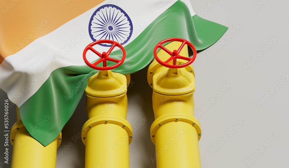India flag covering an oil and gas fuel pipe line. Oil industry concept ...