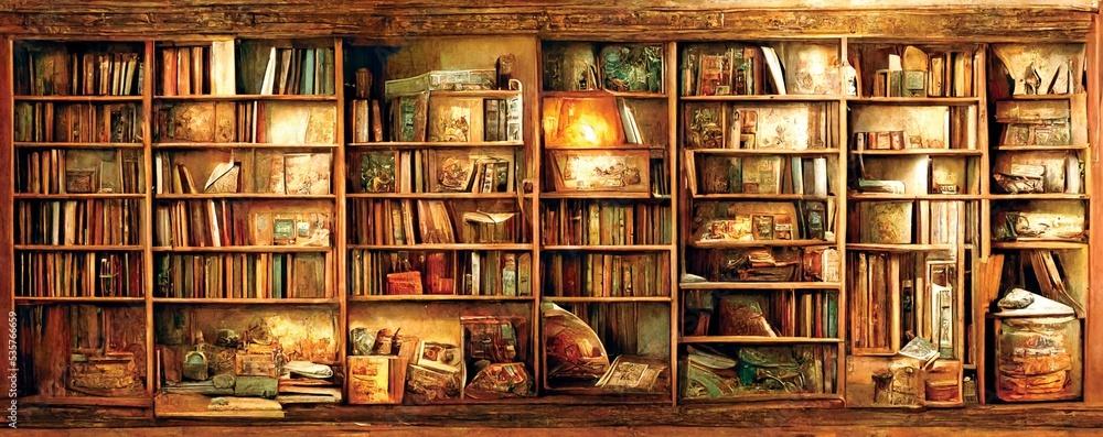 Bookshalfe background, bookcase with collection of book, fantasy ...