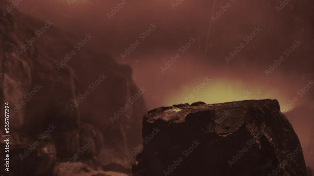 Cinematic shot of a stormy ancient alien crash site, with a smooth ...