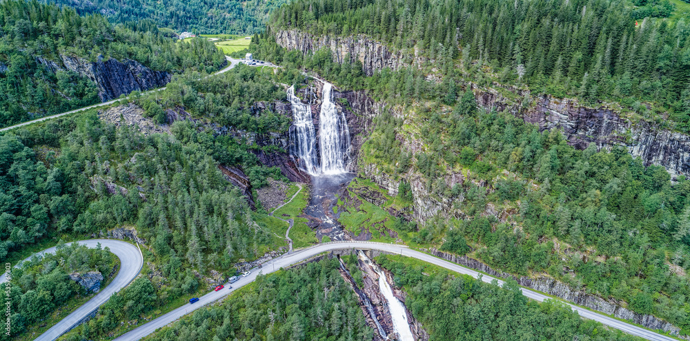 Skjervsfossen waterfall, on the road between Granvin and Voss, Vestland ...