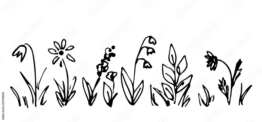 Simple hand drawing vector sketch black outline. Border with meadow ...