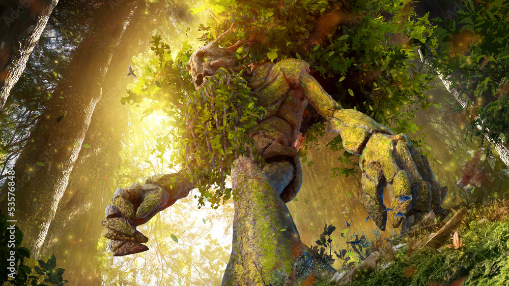 A mighty huge ancient ent is walking through an ancient sunlit forest ...