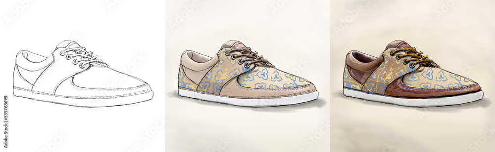 Drawing of the design process for footwear. shoe design with hand drawn ...