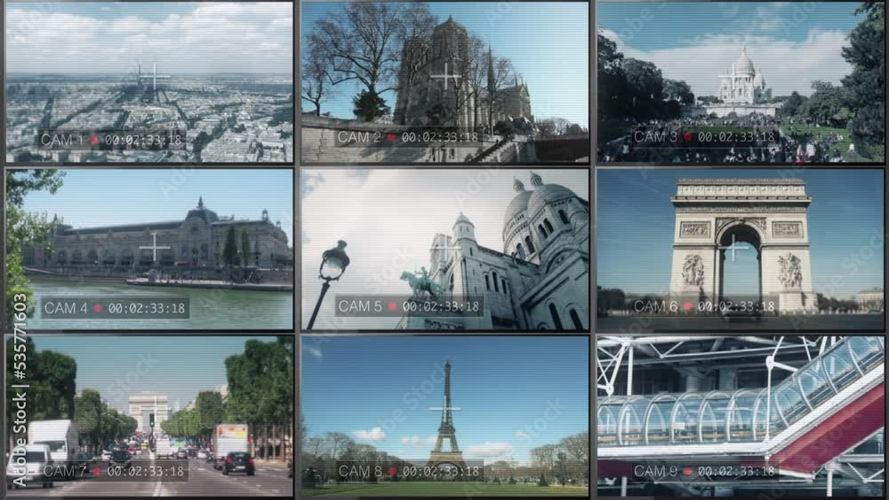 Paris Famous Places Split Screen Monuments Security Cameras Monitor ...