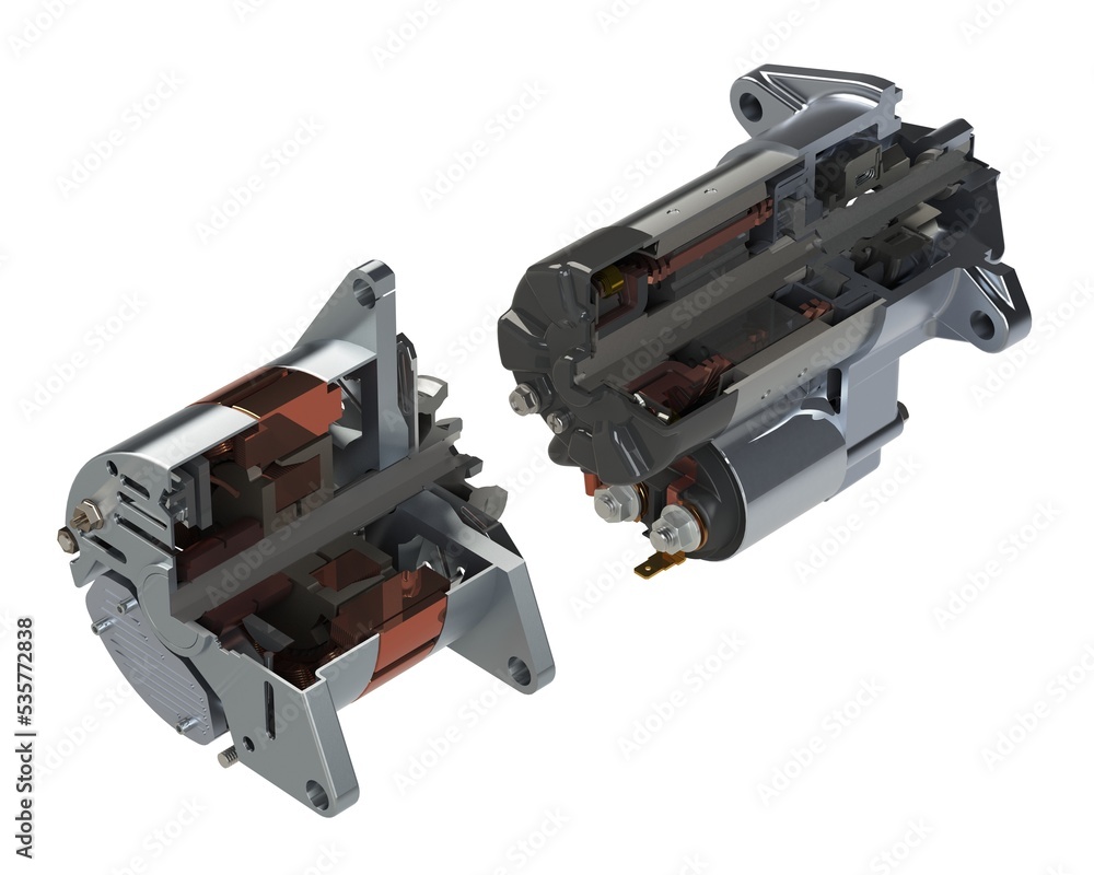 Car starter and alternator in section view 3D rendering isolated on ...
