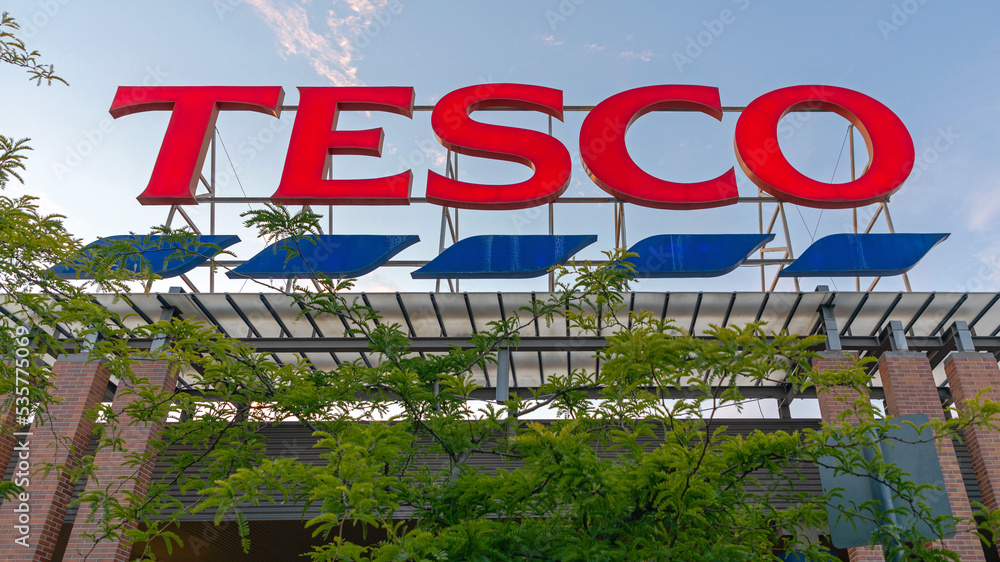 Extra Large Tesco Store Sign at Top of Shopping Centre Stock Photo ...