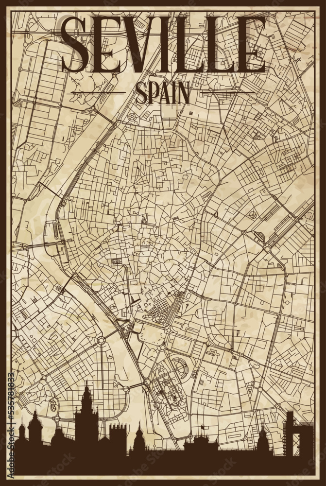Brown vintage hand-drawn printout streets network map of the downtown ...