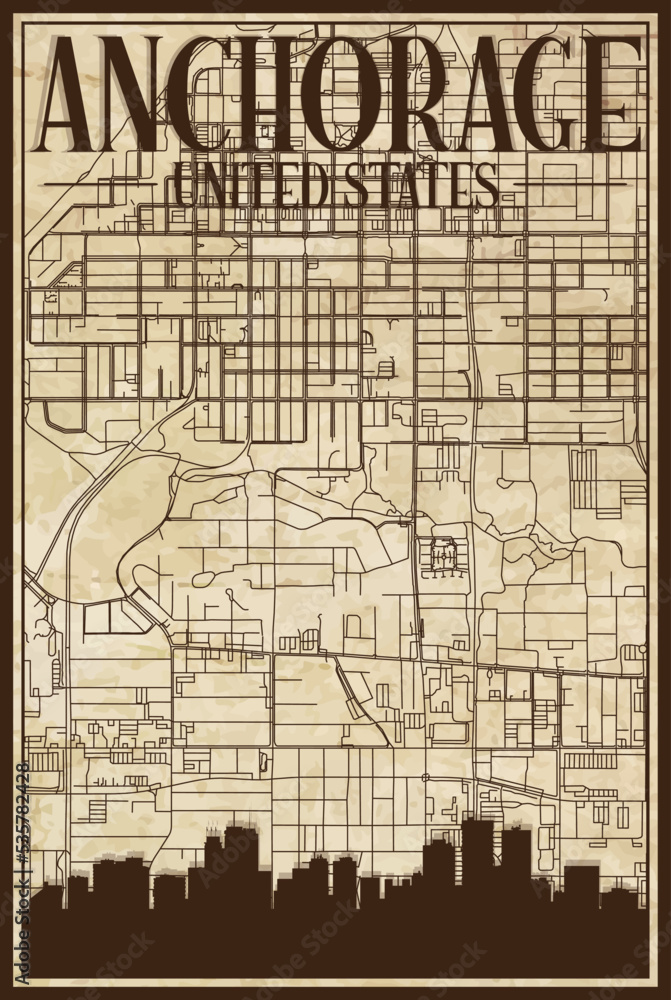 Brown vintage hand-drawn printout streets network map of the downtown ...