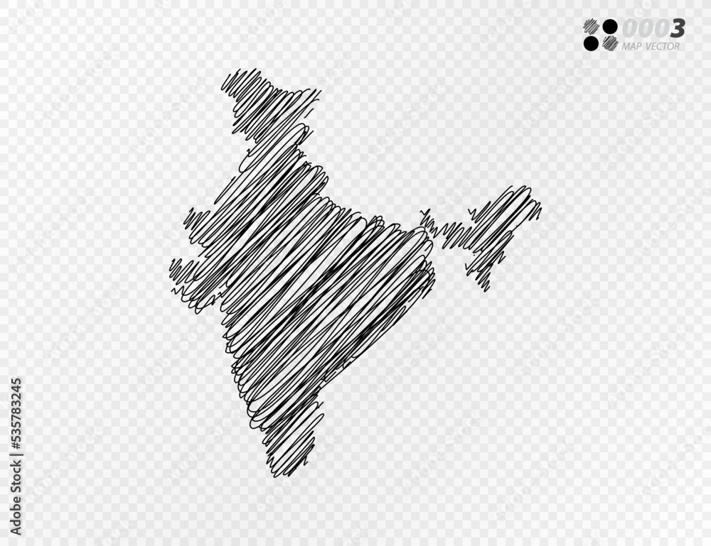 Vector black silhouette chaotic hand drawn scribble sketch of India map on transparent ...