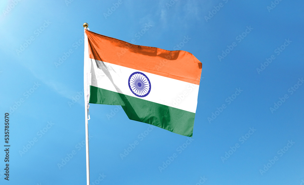 India flag isolated on the blue sky with clipping path. close up waving ...