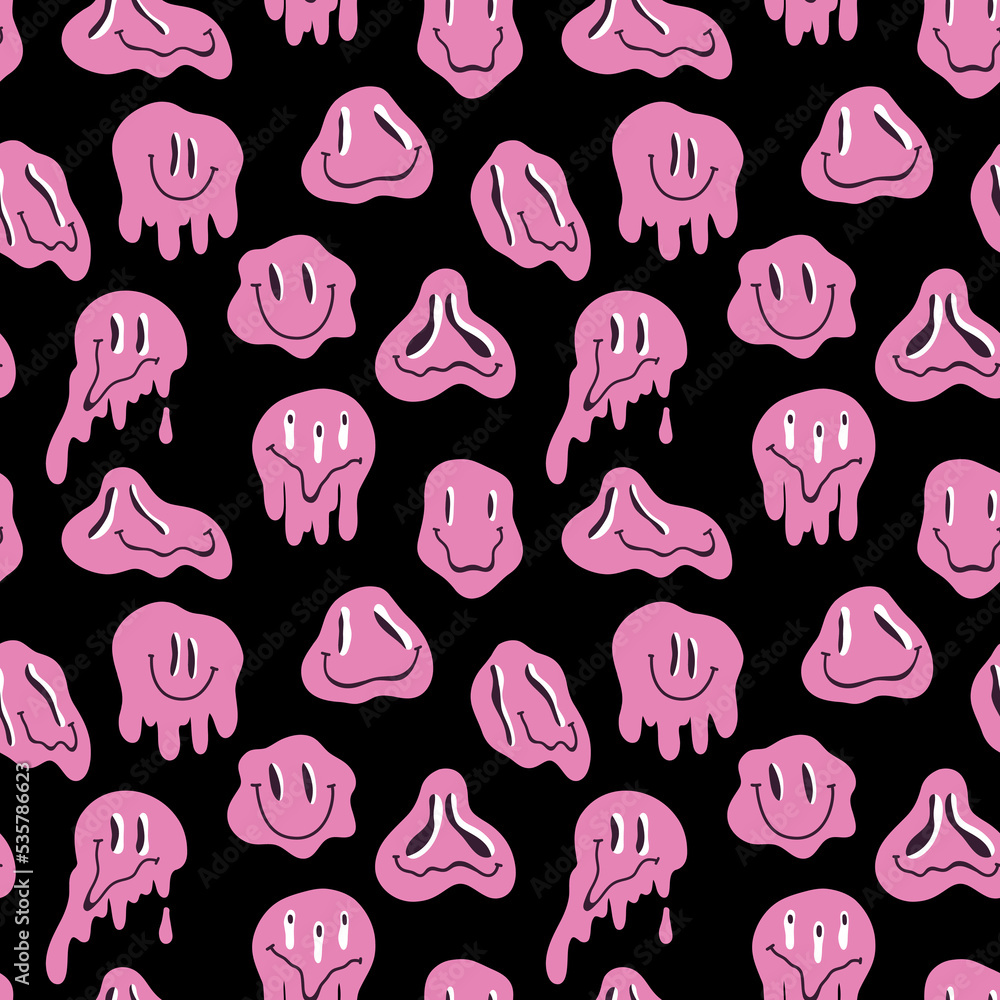 Melting smiling faces seamless pattern. Pink colorful groovy emoji ...
