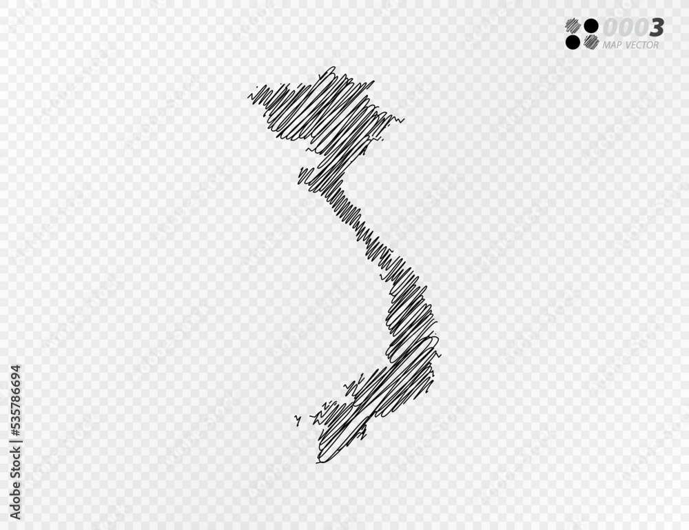 Vector black silhouette chaotic hand drawn scribble sketch of Vietnam map on transparent ...
