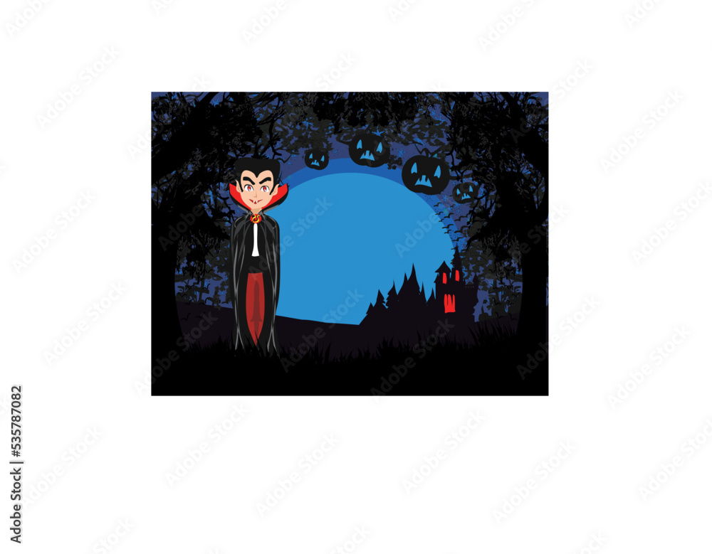 Cartoon Vampire with a haunted castle during the full moon, card with ...
