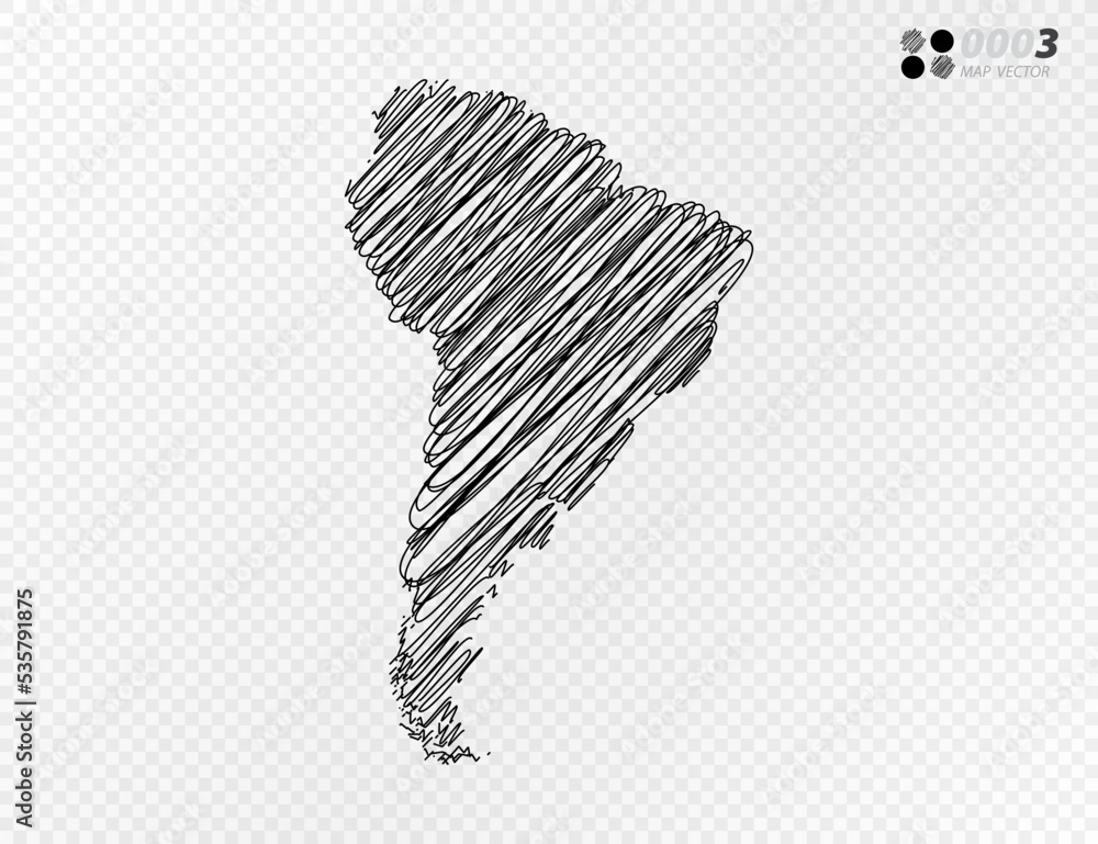 Vector black silhouette chaotic hand drawn scribble sketch of South ...