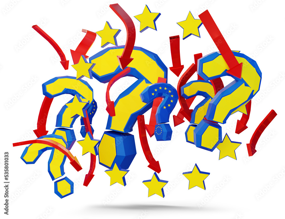 question marks colored as the flag of Europe, sign with red arrows 3d ...
