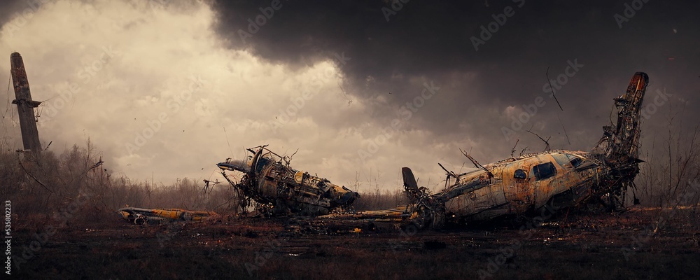 Hyper-realistic illustration of abandoned vintage rusty airplane ...