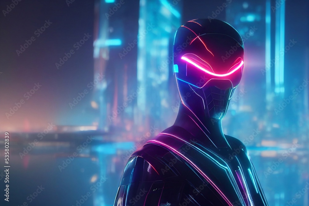 Beautiful cyborg woman wearing futuristic cyberpunk suit, 3d realistic ...